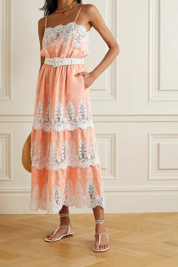 Miguelina Fatema Belted Crocheted Cotton And Linen Midi Dress - Orange |  Editorialist