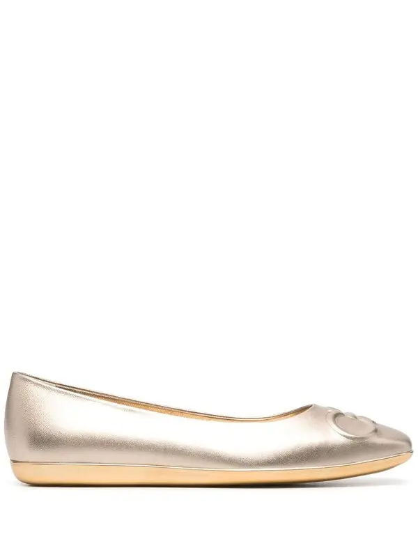 FERRAGAMO Gancini-motif Square-toe Ballerina Shoes - Gold