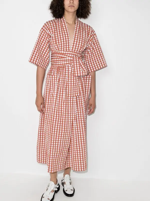 Three Graces London Charita Gingham Wrap Midi Dress In Orange - 70% Off |  Editorialist