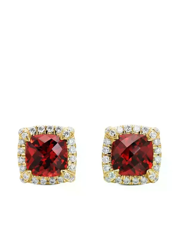 David Yurman 18k Yellow Gold Petite Chatelaine Garnet And Diamond Stud Earrings - Red