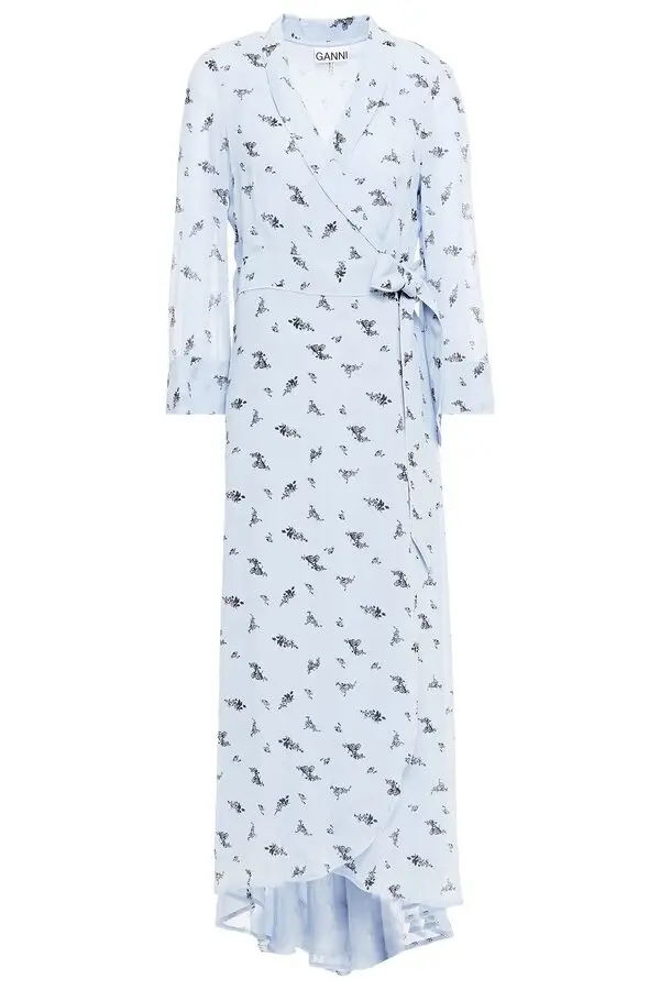 ganni blue floral wrap dress Ganni Blue Floral Wrap Mesh Dress