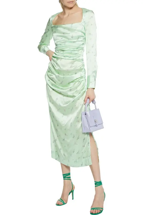 ganni ruched floral-print stretch-silk satin midi dress Ganni Ruched Floral-Print Silk-Blend Satin Midi Dress In Light Blue - 55%  Off