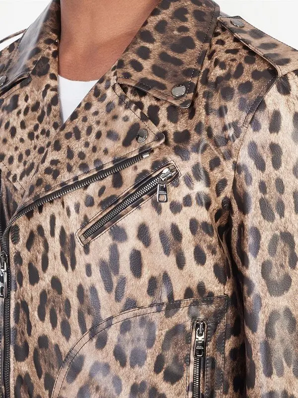 Dolce & Gabbana Leopard Print Leather Biker Jacket - Brown