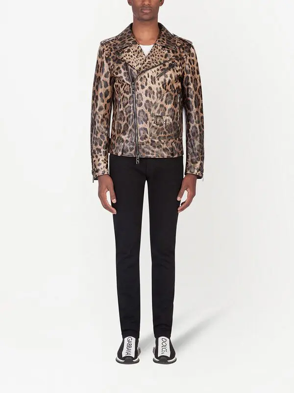 Dolce & Gabbana Leopard Print Leather Biker Jacket