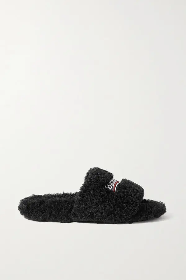 Balenciaga Furry Logo-embroidered Faux Shearling Slides - Black