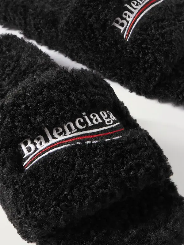 Balenciaga Furry Logo-embroidered Faux Shearling Slides - Black