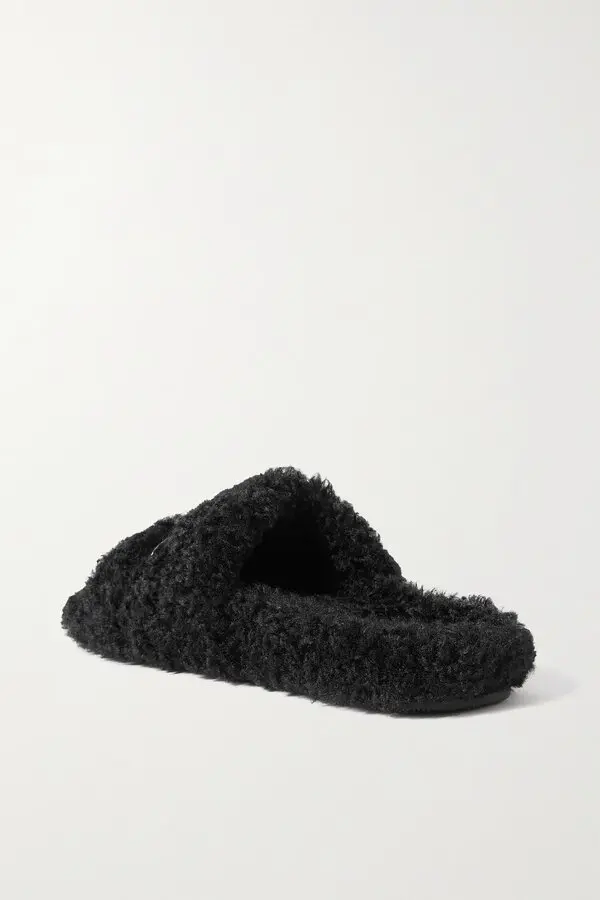 Balenciaga Furry Logo-embroidered Faux Shearling Slides - Black