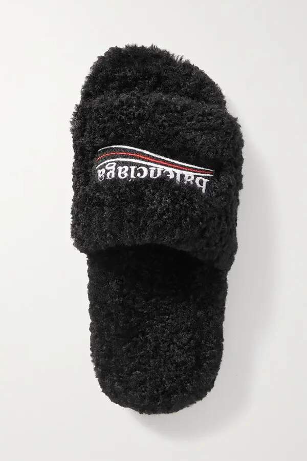 Balenciaga Furry Logo-embroidered Faux Shearling Slides - Black