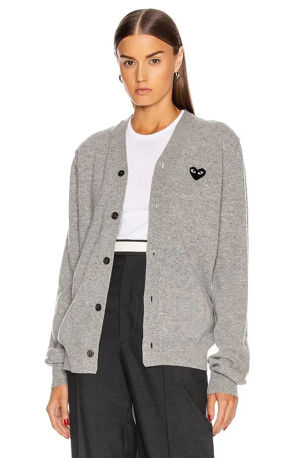 Play Comme Des Garcon Wool Cardigan With Heart Emblem - Light Gray