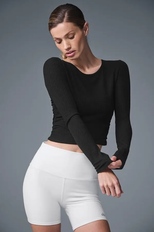 Alo Yoga Gather Ribbed Crewneck Long Sleeve Top - Black