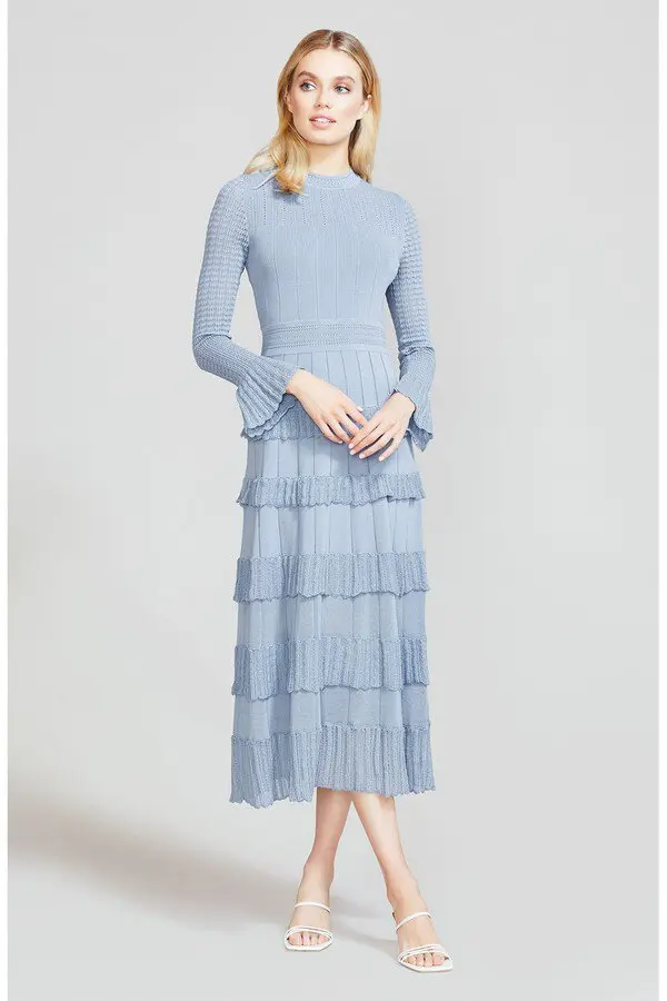 Lela Rose Ruffle Detail Knit Long Sleeve Midi Dress In Blue 70