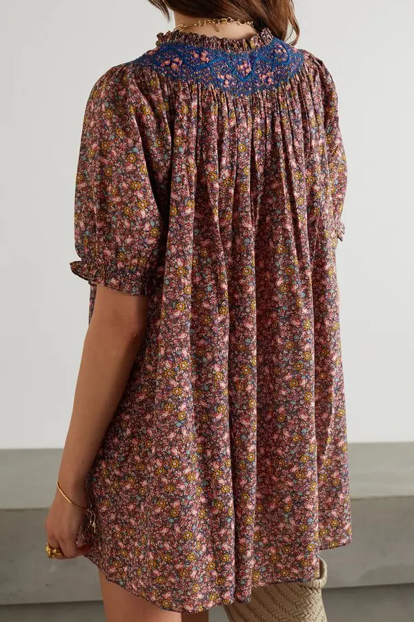 DÔEN Odessa Smocked Floral-print Organic Cotton-blend Mini Dress