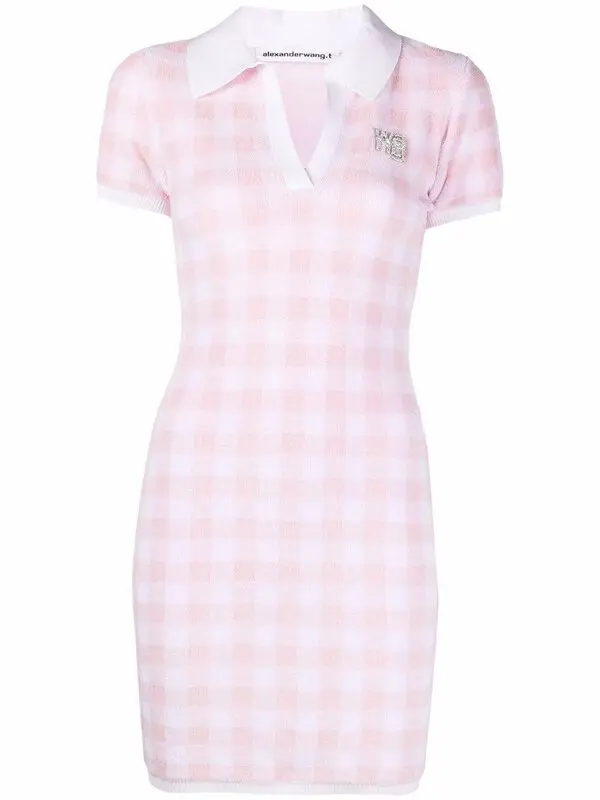 strapless open back dress Women's Pink Houndstooth Breathable Short-sleeve Dress