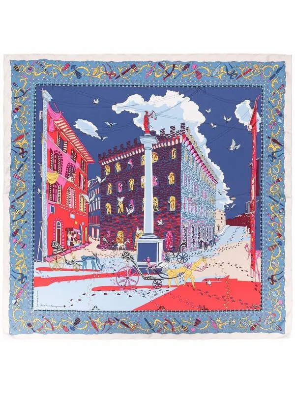 FERRAGAMO Palazzo Spini-feroni Print Scarf - Blue