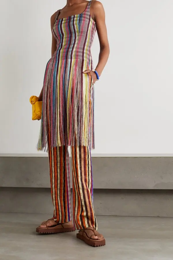 KENNETH IZE Fringed Striped Woven Top