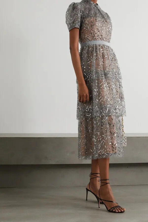 self portrait tiered sequin midi dress Pink Sequin Embellished Tiered Midi Dress