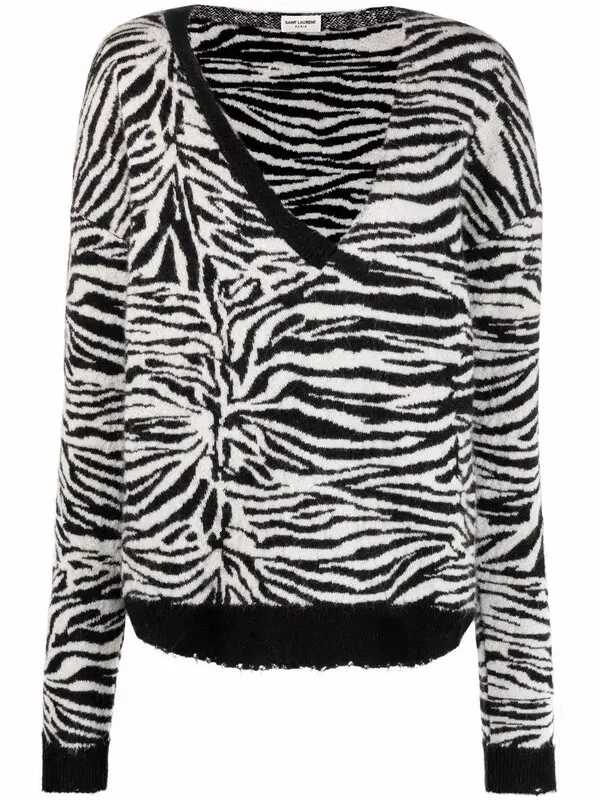 Saint Laurent Zebra-pattern Ripped Jumper - White