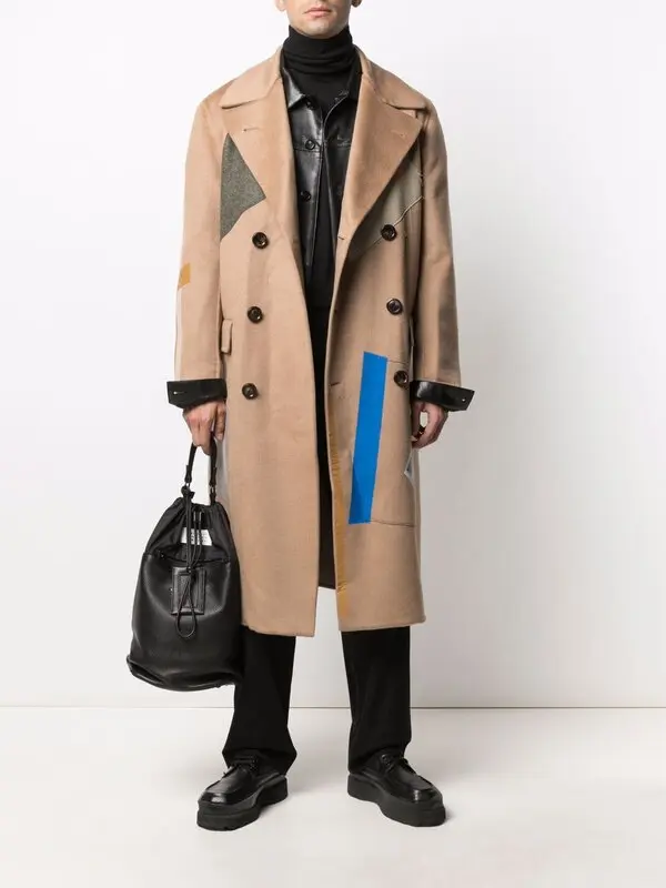 Raf Simons Patchwork-Detail Double-Breasted Coat - Neutrals