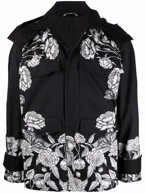 Valentino Garavani Dark Blooming-print Hooded Jacket - Black
