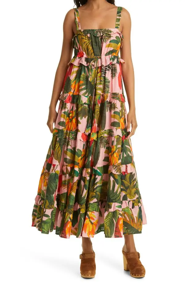Farm Rio Tiered Maxi Dress - Pink Cocoa Forest | Editorialist