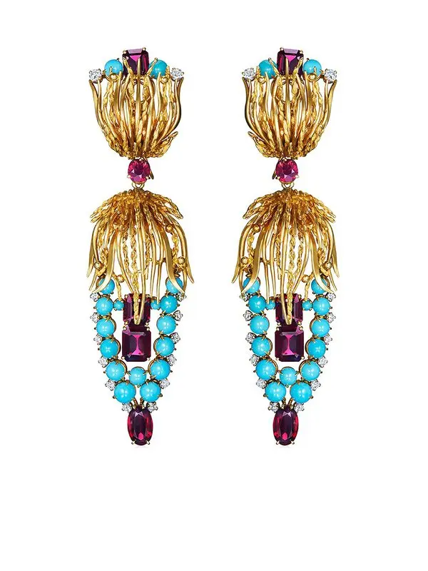 Fred Leighton 18kt Yellow Turquoise, Garnet, And Diamond Pendant Earrings - Gold