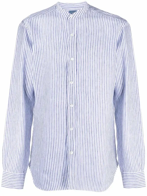 BARBA NAPOLI Band-collar Striped Linen Shirt