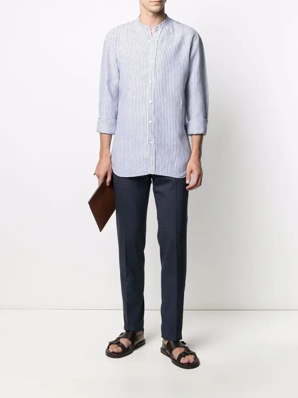 BARBA NAPOLI Band-collar Striped Linen Shirt