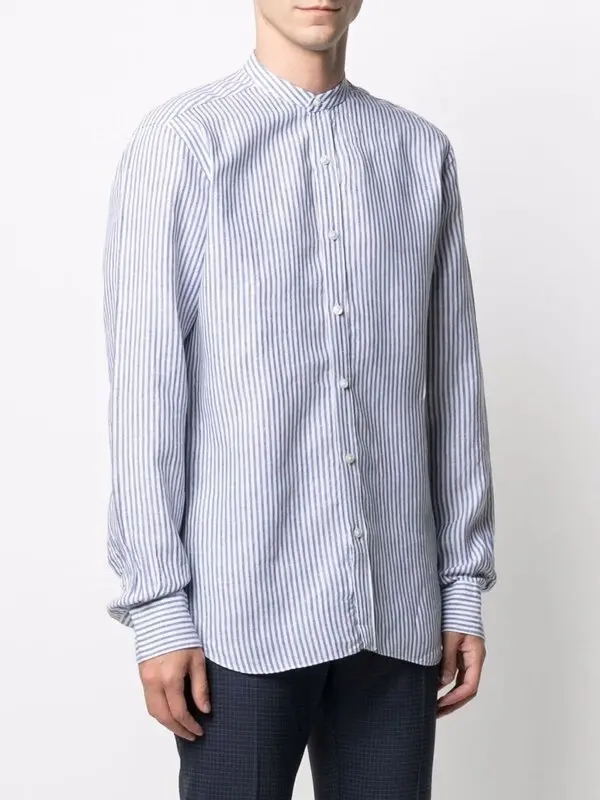 BARBA NAPOLI Band-collar Striped Linen Shirt