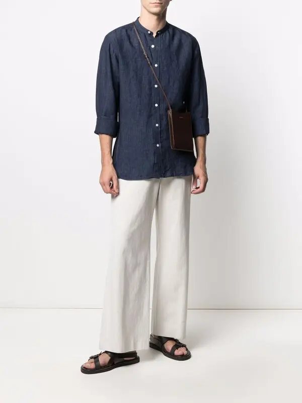 BARBA NAPOLI Band-collar Linen Shirt - Blue