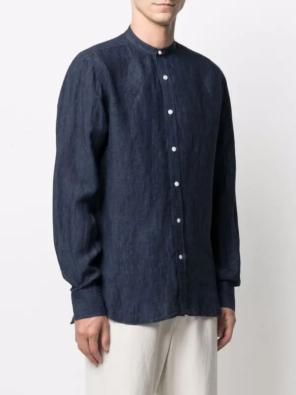 BARBA NAPOLI Band-collar Linen Shirt - Blue
