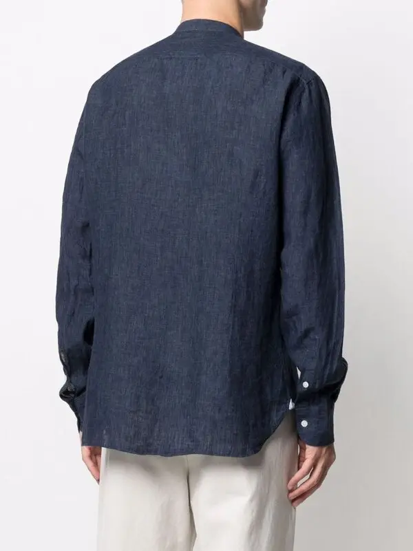 BARBA NAPOLI Band-collar Linen Shirt - Blue