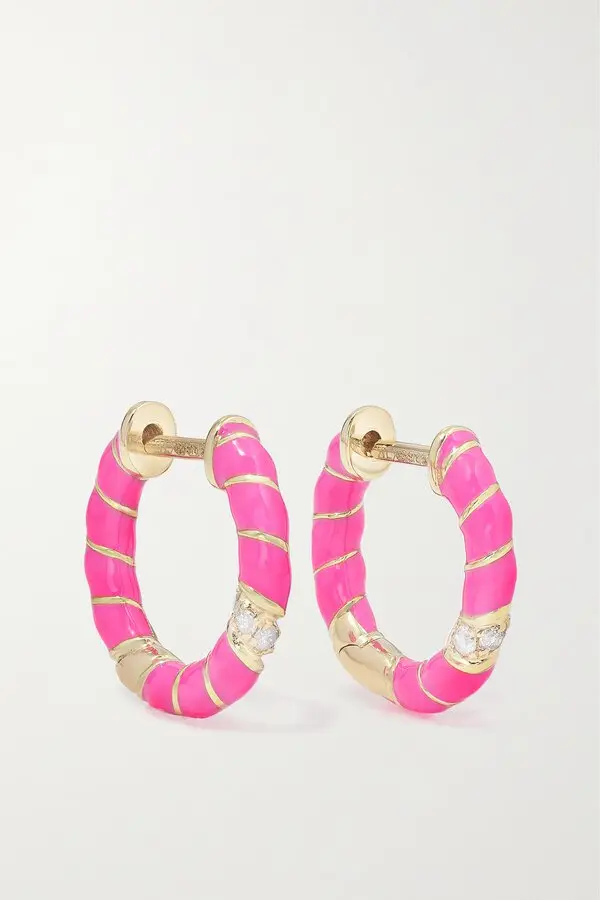 Yvonne Léon 9-karat Enamel And Diamond Hoop Earrings - Pink