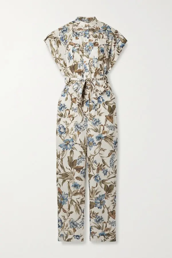 Zimmermann Liane Belted Floral-print Linen Jumpsuit