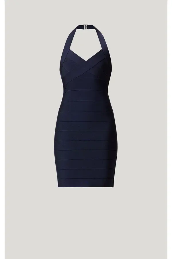 Herve Leger Off The Shoulder Icon Halter Mini Dress In Blue / Navy - 50%  Off | Editorialist