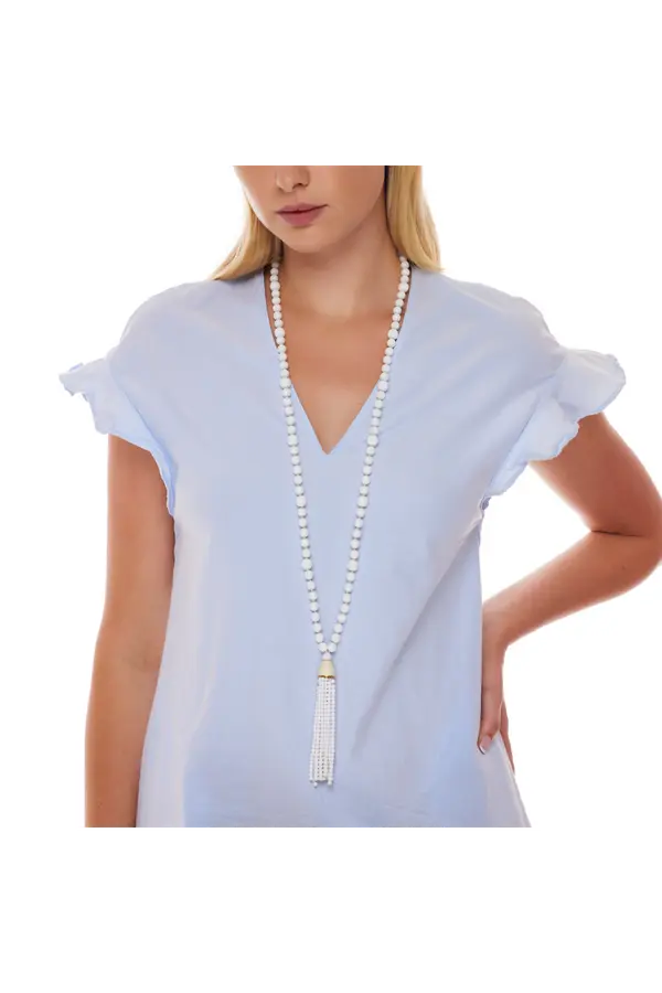 KENNETH JAY LANE Glass Bead Tassel Necklace - White