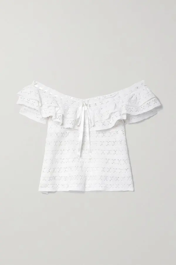 LoveShackFancy Cruise Off-the-shoulder Ruffled Crocheted Cotton Top