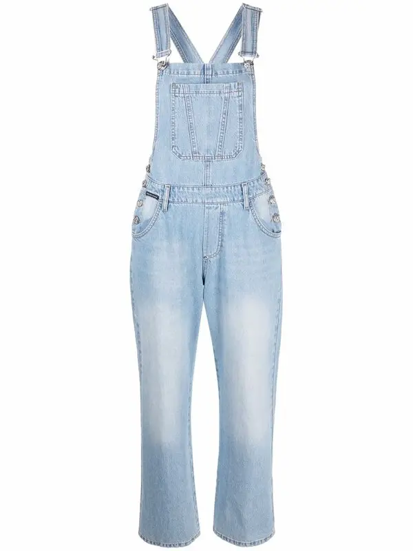 Philipp Plein Logo-patch Denim Dungarees - Blue