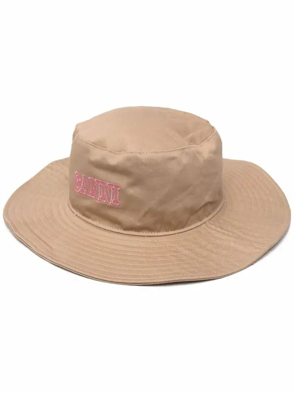 GANNI Embroidered Organic Cotton Sun Hat - Brown