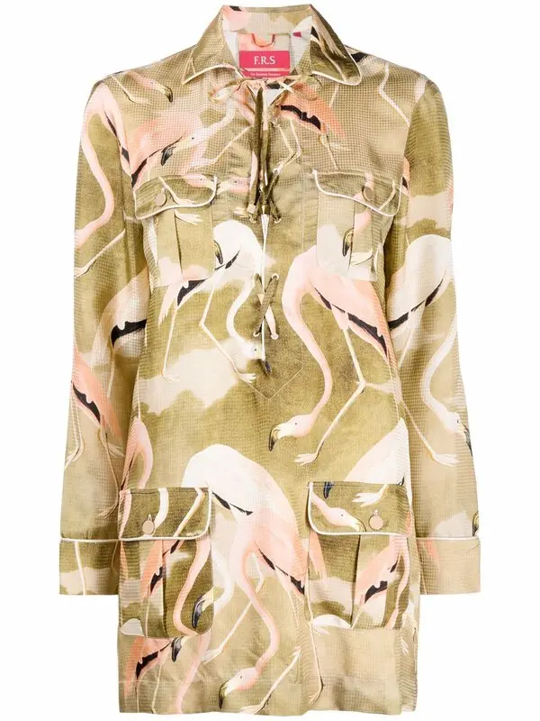 F.R.S FOR RESTLESS SLEEPERS Flamingo Print Shirt Dress - Green