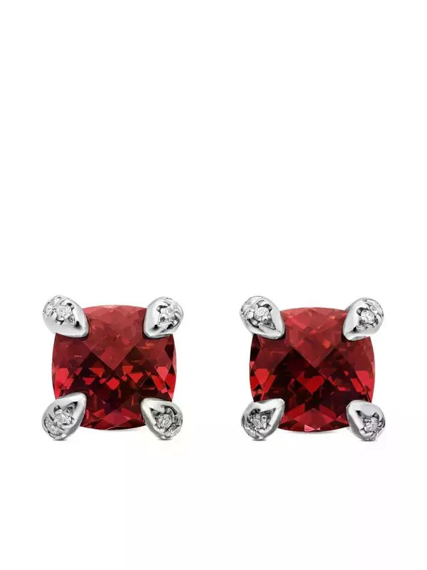 David Yurman Sterling Silver Petite Chatelaine Rhodolite Garnet And Diamond Stud Earrings - Red