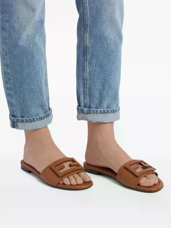 Fendi Baguette Leather Slides - Brown