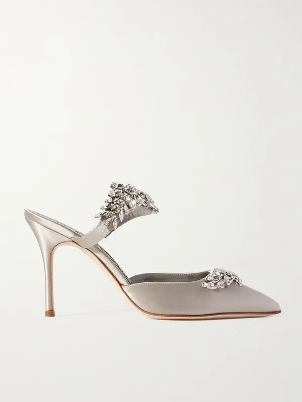 Manolo Blahnik Lurum 90 Crystal-embellished Satin Mules - Gray
