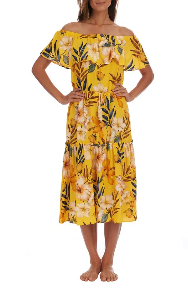 La Blanca Belle Off The Shoulder Tiered Midi Dress - Yellow | Editorialist