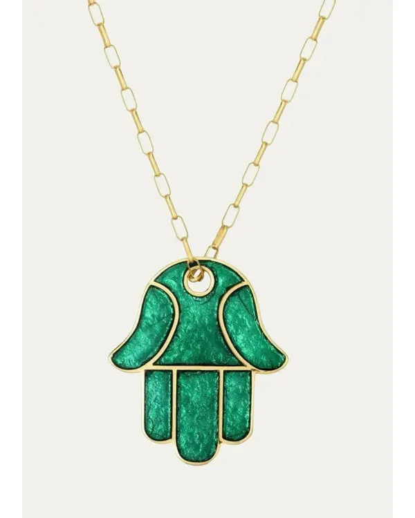 AUDREY C. JEWELS Hamsa Enamel Pendant Necklace - Green