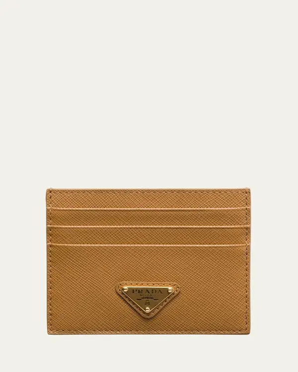 Prada Triangle Logo Leather Card Case - Caramel