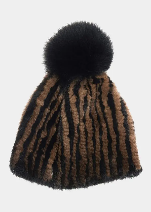 Gorski Knit Mink Fur Beanie Hat W/ Fox Fur Pompom - Black  display picture 1