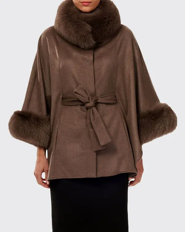 Gorski Cashmere Belted Cape W/ Fur Collar Cuffs Khaki Taupe - Main Image