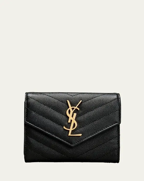 Saint Laurent Cassandre Monogram Trifold Wallet In Grained Leather - Black