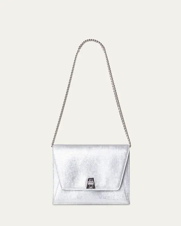 Akris Anouk Lizard-print Clutch Bag With Chain - Silver Metallic