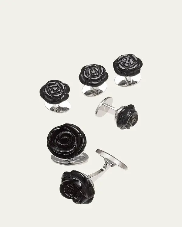 JAN LESLIE Onyx Carved Rose Tuxedo Cuff Link And Stud Set